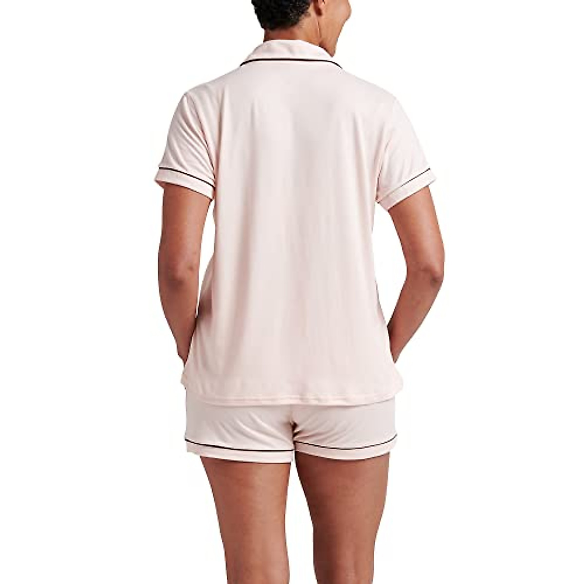 Rae Dunn Women's Pink LOVE Short Sleeve Button Up Notch Collar Shirt with Pocket and Shorts Pajama Set, Small