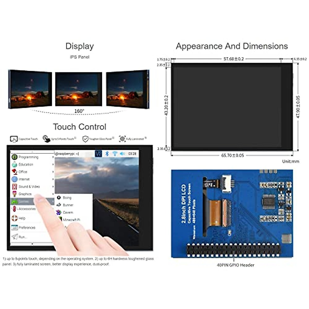 waveshare 2.8inch Screen LCD Compatible with Raspberry Pi 4B/3B+/3B/2B/B+/A+/Zero/Zero W/WH/Zero 2W 480×640 Resolution DPI IPS 5-Points Capacitive Touch Control Optical Bonding Toughened Glass Cover