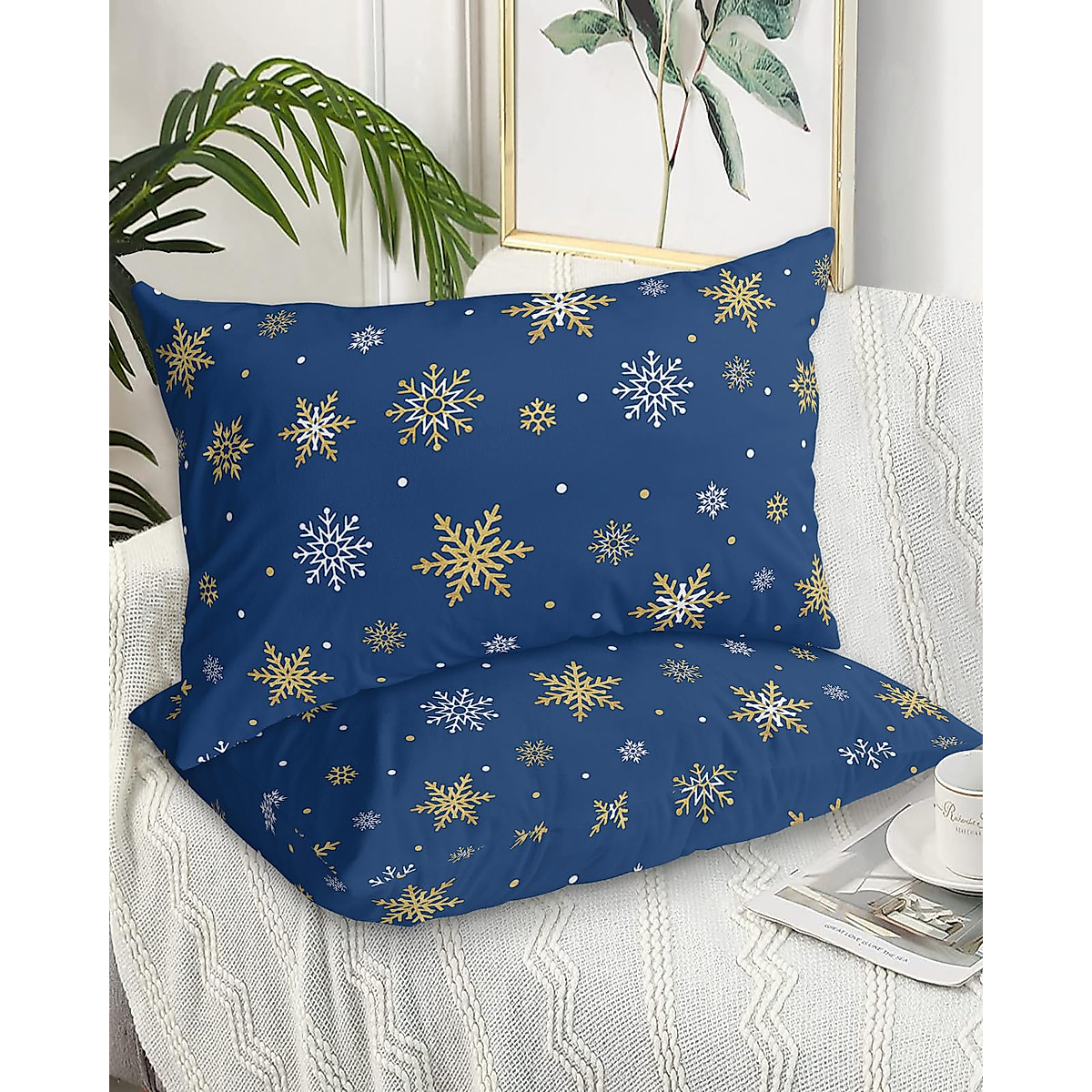 Edwiinsa Navy Gold Snowflake Pillow Covers King Standard Set of 2 Bed Pillow, Plush Soft Comfort for Hair/Skin Cooling Pillowcases with Envelop Closure 20x36 Inches Christmas Minimalist White Blue