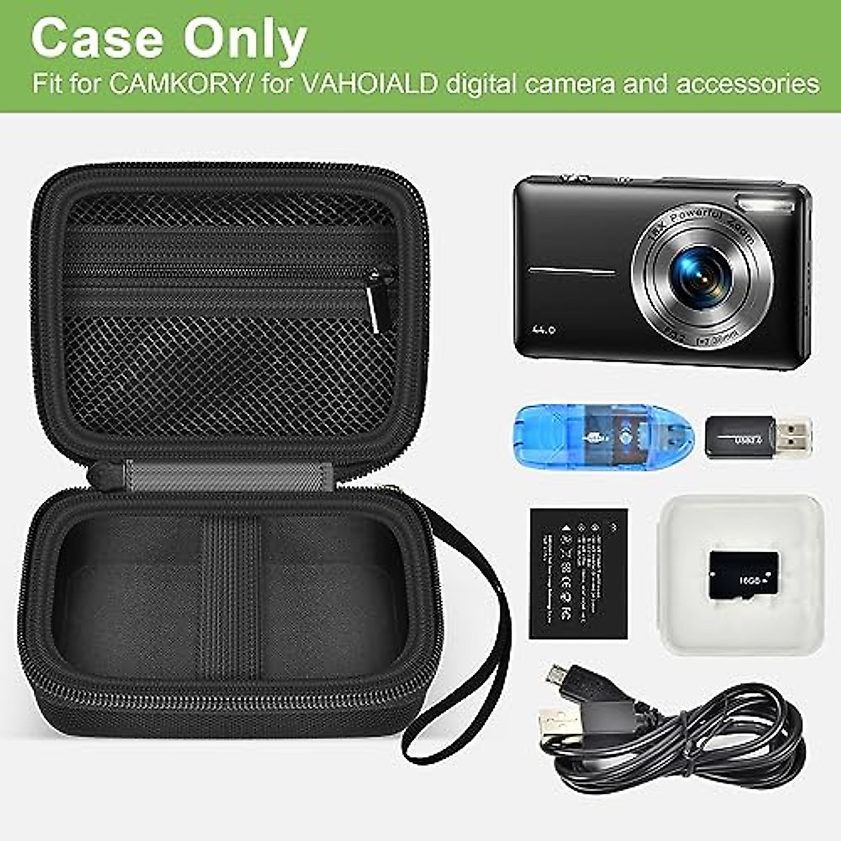 Digital Camera Case Compatible with VAHOIALD FHD 1080P/ for CAMKORY Digital Point and Shoot/for KODAK PIXPRO FZ45-BK 16MP Vlogging/for IWEUKJLO/for Nsoela, Holder for SD Card More- Black (Box Only)