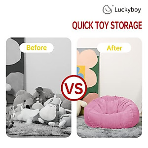 LUCKYBOY Kids Stuffed Animal Storage Bean Bag Chair without Filling,Cozy Faux Fur Beanbag Cover for Kids Gift, Pink Girls Bean Bag,Plush Toys Holder and Organizer