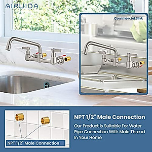 Airuida Brushed Nickel Wall Mount Commercial Kitchen Faucet Wall Mounted Kitchen Sink Faucet 8 Inches Center 8 Inches Swivel Spout Utility Sink Faucets 2 Handle Restaurant Laundry Tap