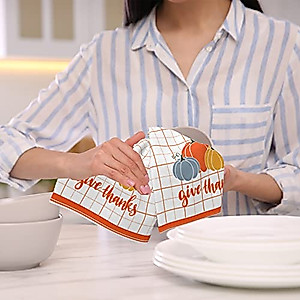 ENOZOUS Fall Kitchen Towels Set of 2, Thanksgiving Harvest Dish Towel Soft Pumpkins Plaid Tea Towel Large Size Hand Towel for Bathroom 18x28 Inch