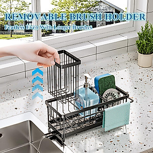 Spoge Holder for Kitchen Sink - Sink Caddy with Long Brush Holder & Divider, SUS304 Stainless Steel Kitchen Sink Organizer, Dish Soap Dispenser Kitchen Organization and Storage Accessories