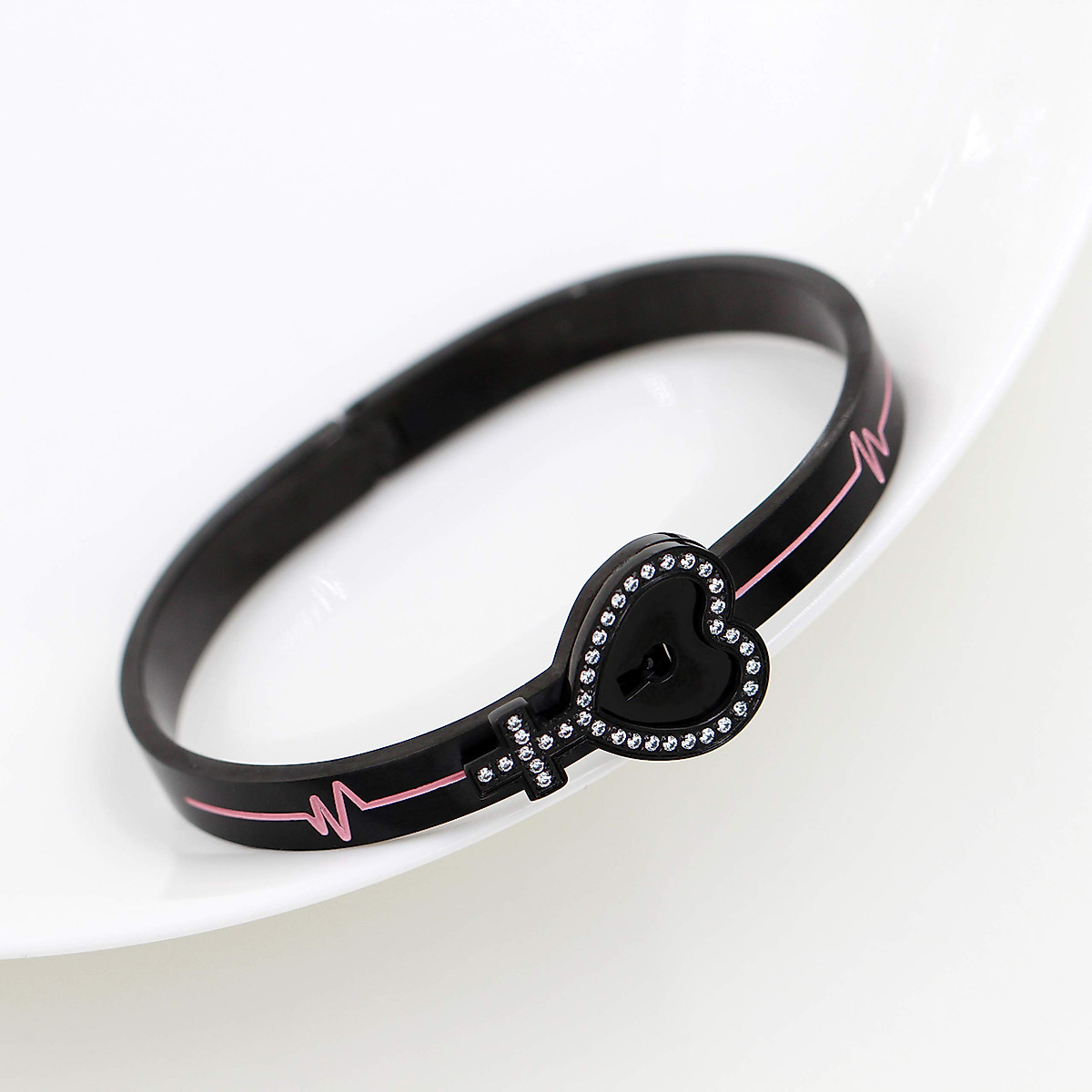 Stainless Black Heart Lock Bangle Heartbeat Line CZ Pave Cross Cuff Bracelet with Shield Key Pendant Necklace Couples Set (Heart, Black)