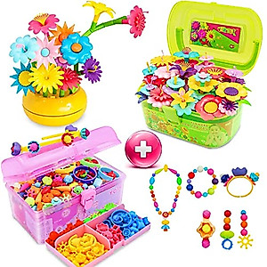 VERTOY Flower Garden Building Toy Set Bundle with Pop Beads Jewelry Making Kit, Best Gift for 3-6 Years Old Girls and Toddlers, Value 2 Packs
