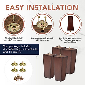 Ornavo Home Set of 4 Square Mid-Century Modern Brown 6 Inch Wood Furniture Legs Replacement for Sofa, Couch, Armchair, Recliner, Coffee Table & Dresser