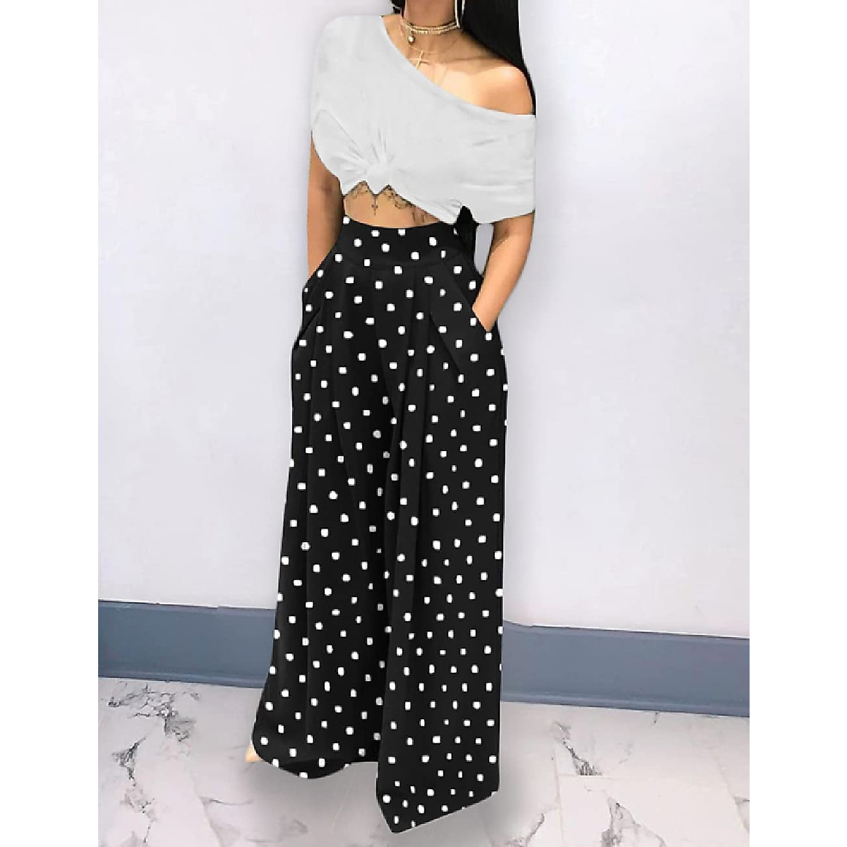 A ADILACA High Waisted Palazzo Pants for Women Dressy, High Waisted Wide Leg Pants for Women with Pockets, Pull On Wide Leg Pants for Women, High Waist Long Flowy Pants (Polka Dot-Black, XL)