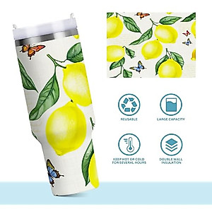 RPLIFE Juicy Lemons Butterfly White Stainless Steel Cup, Insulated Cup with Straw, Coffee Tumbler for Women