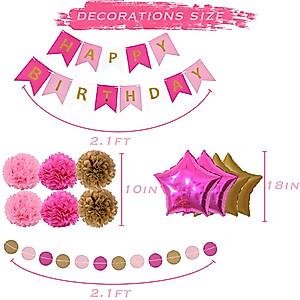 Hot Pink and Gold Birthday Party Decorations with Happy Birthday Banner, Tissue Pom Poms Flowers, Tassels Garland, Rose Red and Gold Balloons, Star Balloons for Women Girls Birthday Supplies