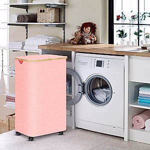 Pink Laundry Hamper with Wheels - 100L Large Laundry Hamper with Lid, Rolling Laundry Hamper on Wheels, Collapsible Laundry Hamper with Removable Mesh Bag and Bamboo Handles for Easy Carrying