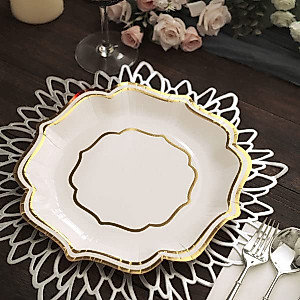 Tableclothsfactory 25 Pack | White/Gold 10" Scallop Rim Dinner Party Paper Plates, Disposable Plates - 300 GSM