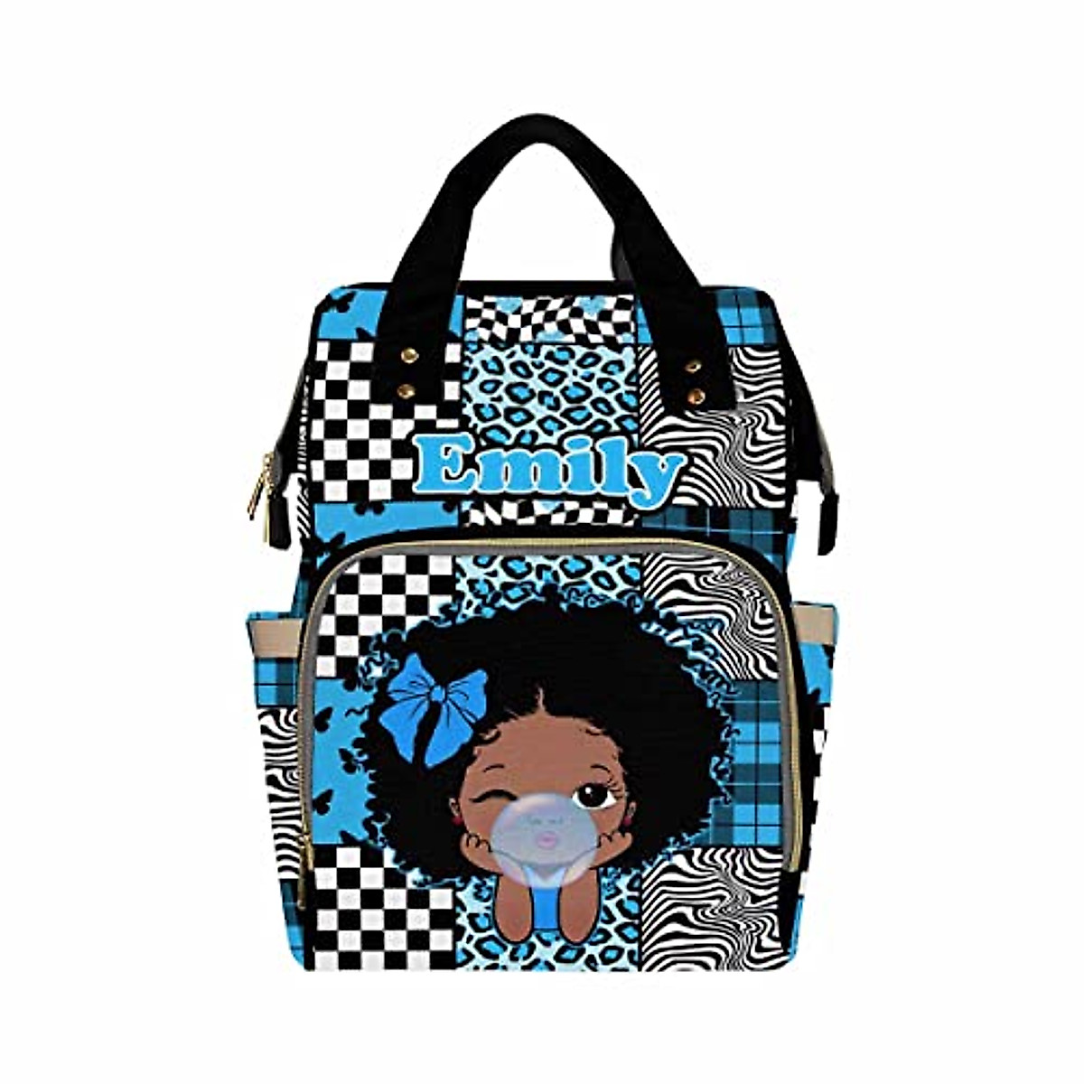 Artsadd Personalized Afro Puff Diaper Bag Backpack with Name, Blue Bubble Gum Plaid Daypack Customized Large Capacity Baby Backpack for Girls Baby Birthday Gifts