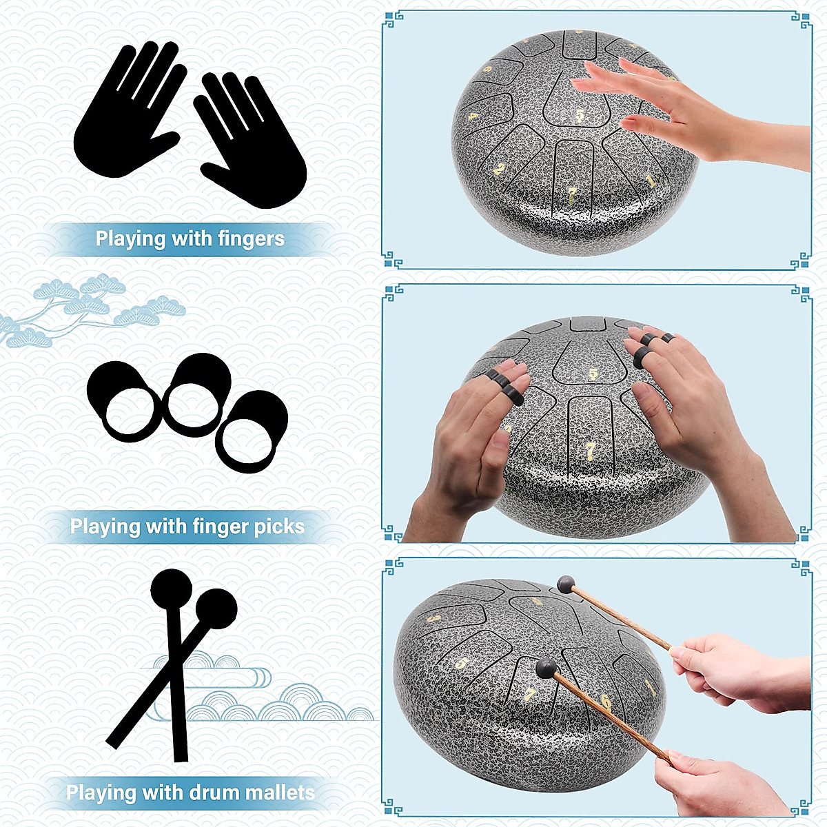 Steel Tongue Drum, 11 Notes 10 Inch Tank drum percussion instrument, C Key Handpan Drum for Kids and Adults, Musical Education Mind Healing Yoga Meditation (silver white Worry Free Drum)