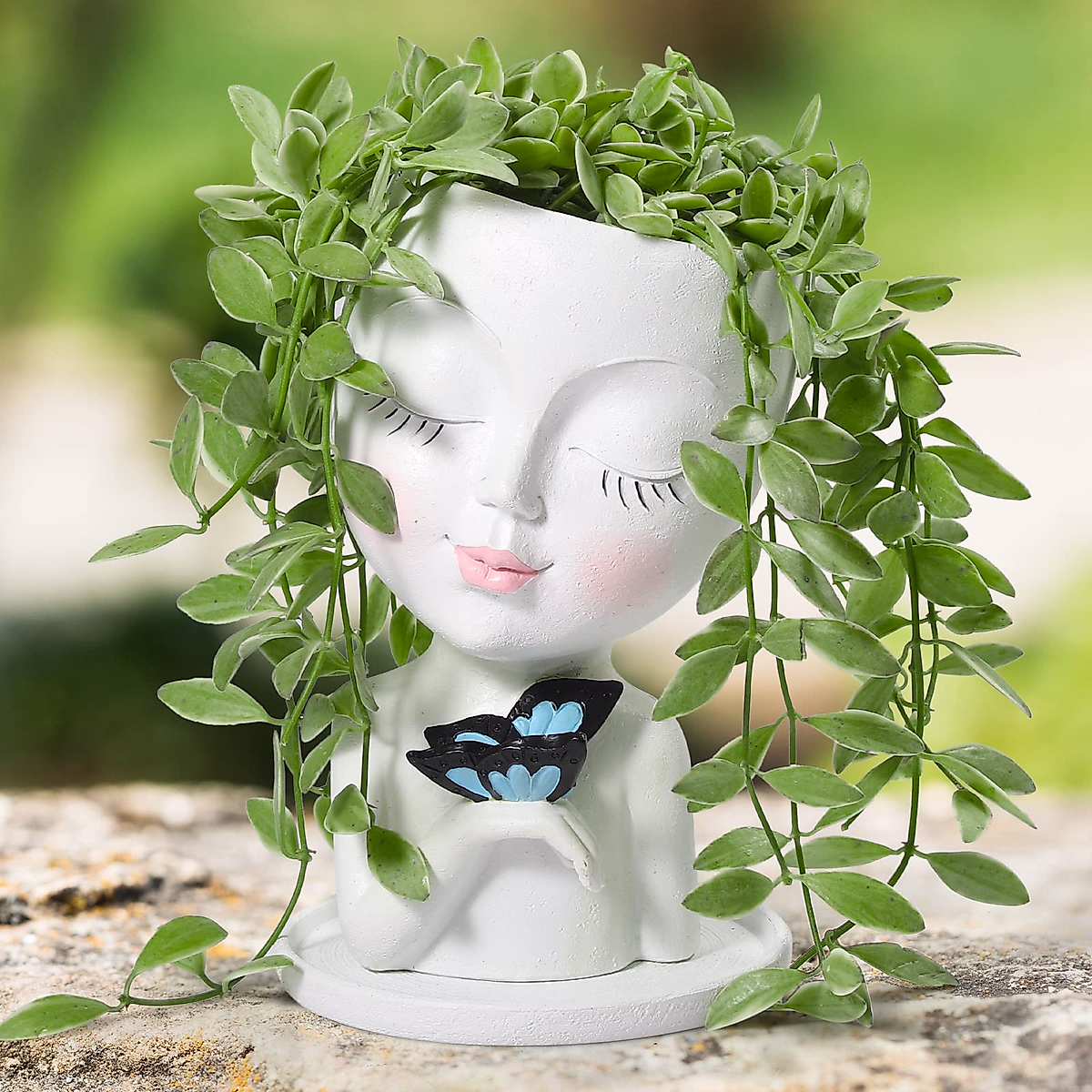 COWATM Face Planters Pots Head for Indoor Outdoor Planter Pot with Butterfly, Succulent Planter with Drainage Hole Cute Lady Face Flower Pots (White)