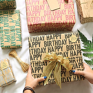 Happy Birthday Wrapping Paper For Boys Men Women Girls Kids,Recycled Gift Wrapping Paper, 20 x 28 inches per sheet (12 sheets: 47 sq. ft. ttl.) Brown Kraft Folded Paper with Jute Strings, Stickers and Bows for Birthday Occasions