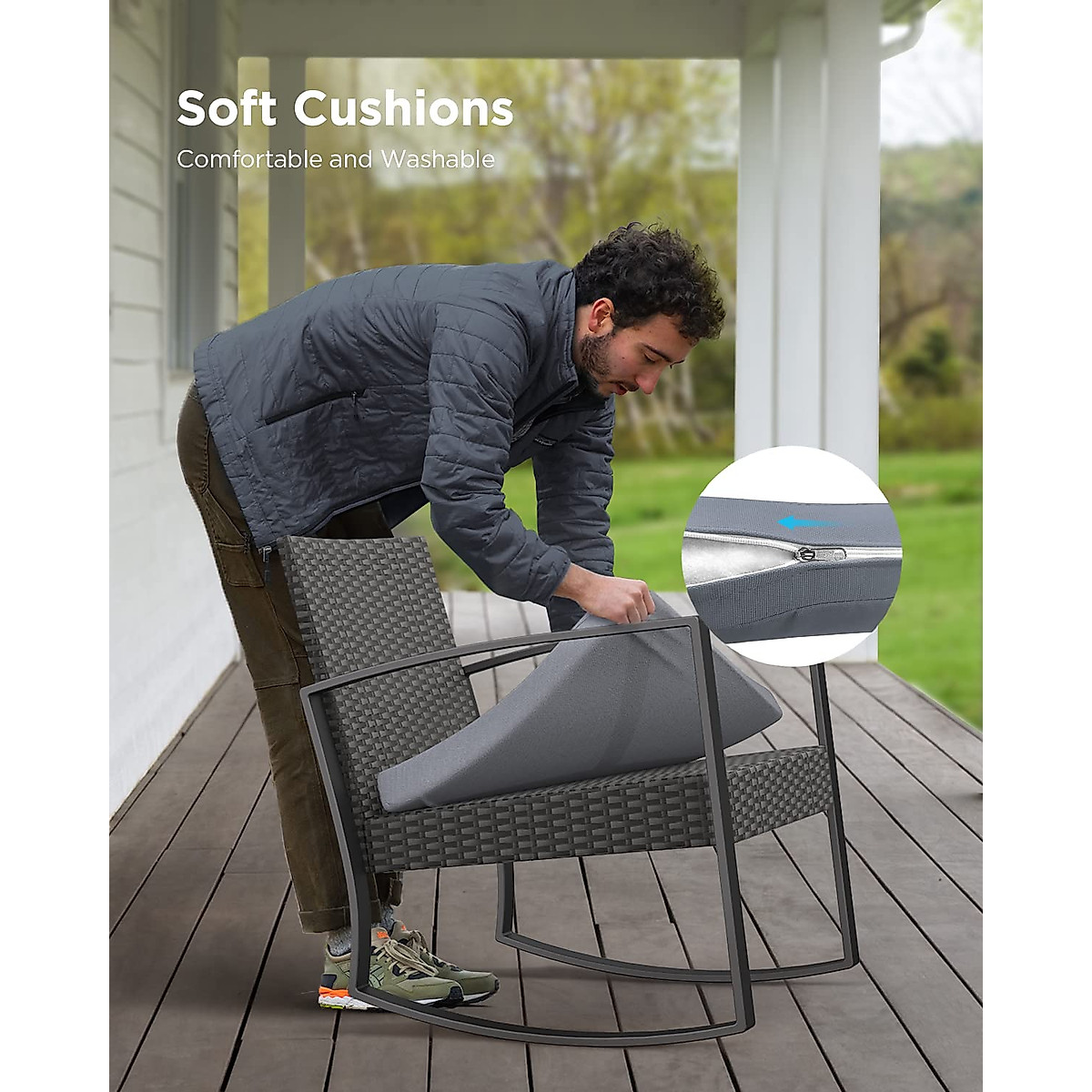 Aiho 3 Pieces Patio Furniture Set, Outdoor Rocking Chair Sets with Cushion, Modern Rattan Conversation Sets for Porches and Balcony, Gray Cushion