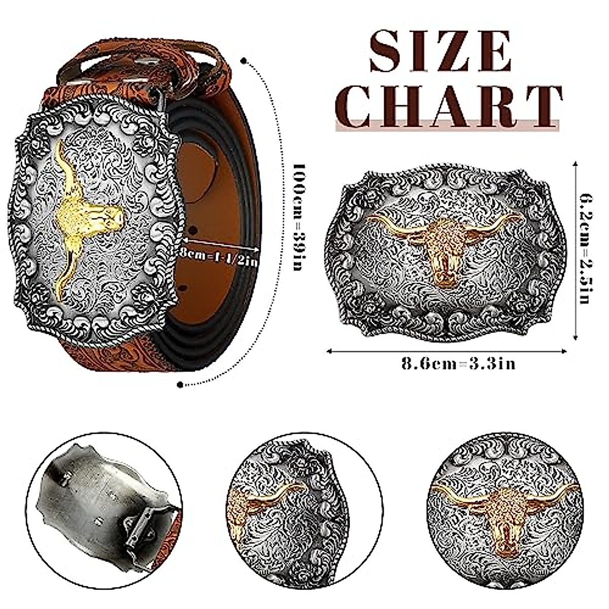 Jadive Western Leather Buckle Belts Cowboy Longhorn Bull Pattern Buckle Belt Floral Engraved Buckle Belt for Men (Camel, 45 Inch)