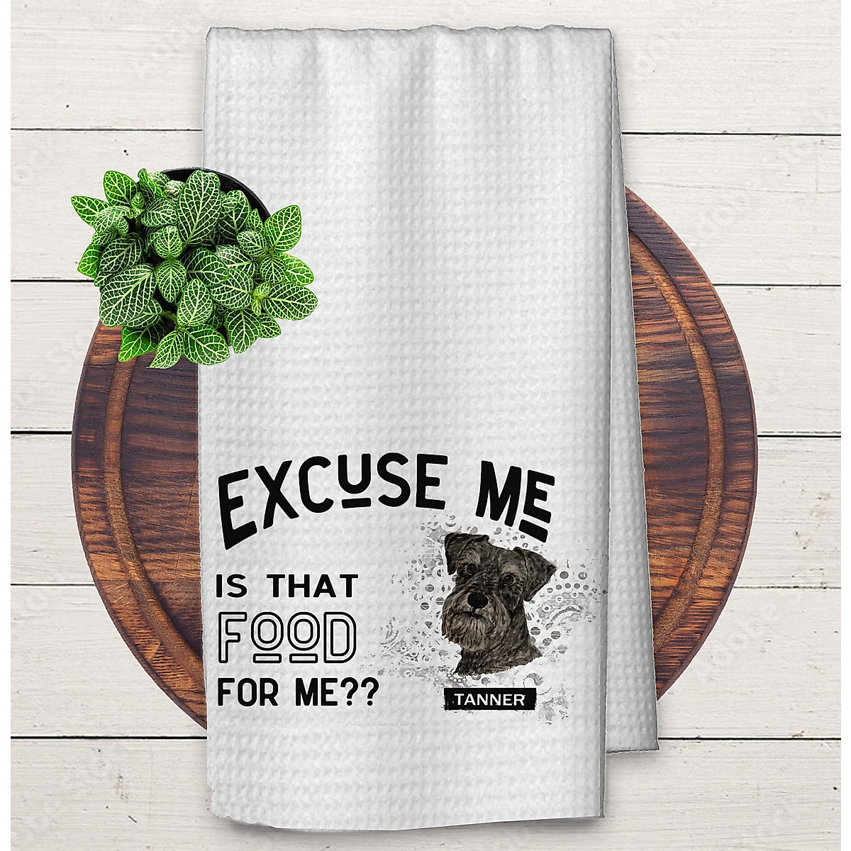 Studio 9Thirty3 Schnauzer Kitchen Towel, Personalized Schnauzer Gift for Dad, Gift from Dog, Excuse Me is That Food for Me Funny Dog Towel (White Towel, Schnauzer with Name)