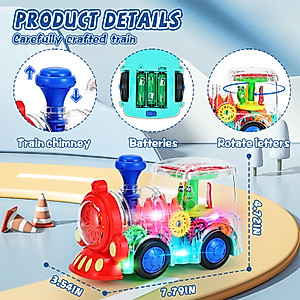 Light Up Train Toys,Fun Electric Transparent Gear Sensory Toy for Kids with Colorful Light Music and Moving Gears,Tummy Time Crawling Baby Toys for Boys Girls