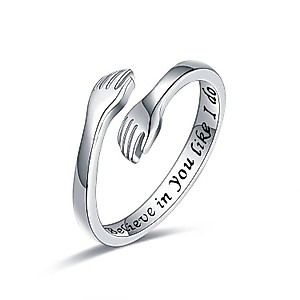 Hug Ring Sterling Silver Adjustable,White Gold Plated Couple Believe In You Like I Do Hug Ring Hugging Rings for Women Men, Friendship Love Rings Wrap Around Hand Ring Jewelry for Teen Girls Sizes 6-9