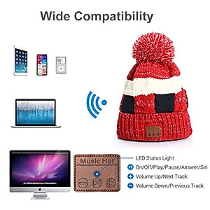 Ceotsak Wireless Beanie Hat Lined with Woolen with Detachable HD Stereo Speakers & Mic, Pom Pom Beanie Music Hats for Women Music Beanie with Rechargeable USB Winter Fitness Sports Red and Blue