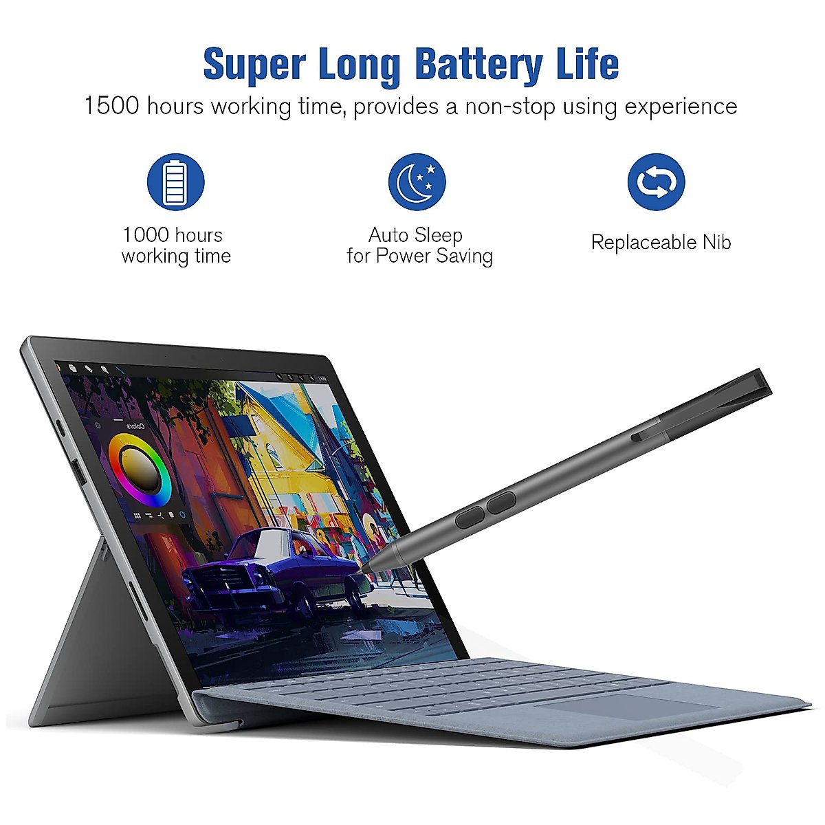 Pen Stylus for Surface Pro 11/10/9/8/X/7+/6/5/4/3/Surface 3, Surface Go 3/2/1, Surface Laptop/Studio/Book 4/3/2/1 with Palm Rejection, 1024 Levels Pressure, 2500h Working Hours