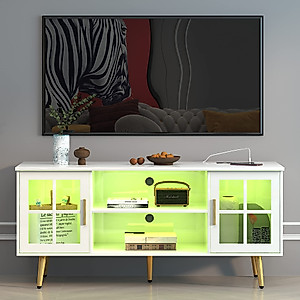 LVSOMT Modern TV Stand with Storage, Entertainment Center Cabinet for Living Room, Media Console with 24 Color Lights (Pearl White - RGB)