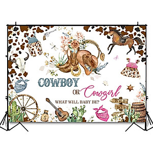Avezano Gender Reveal Backdrop Cowboy or Cowgirl Gender Reveal Party Background Cow Print Western Rodeo Theme Gender Reveal Banner Cowgirl and Cowboy Gender Reveal Party Decorations (7x5ft)
