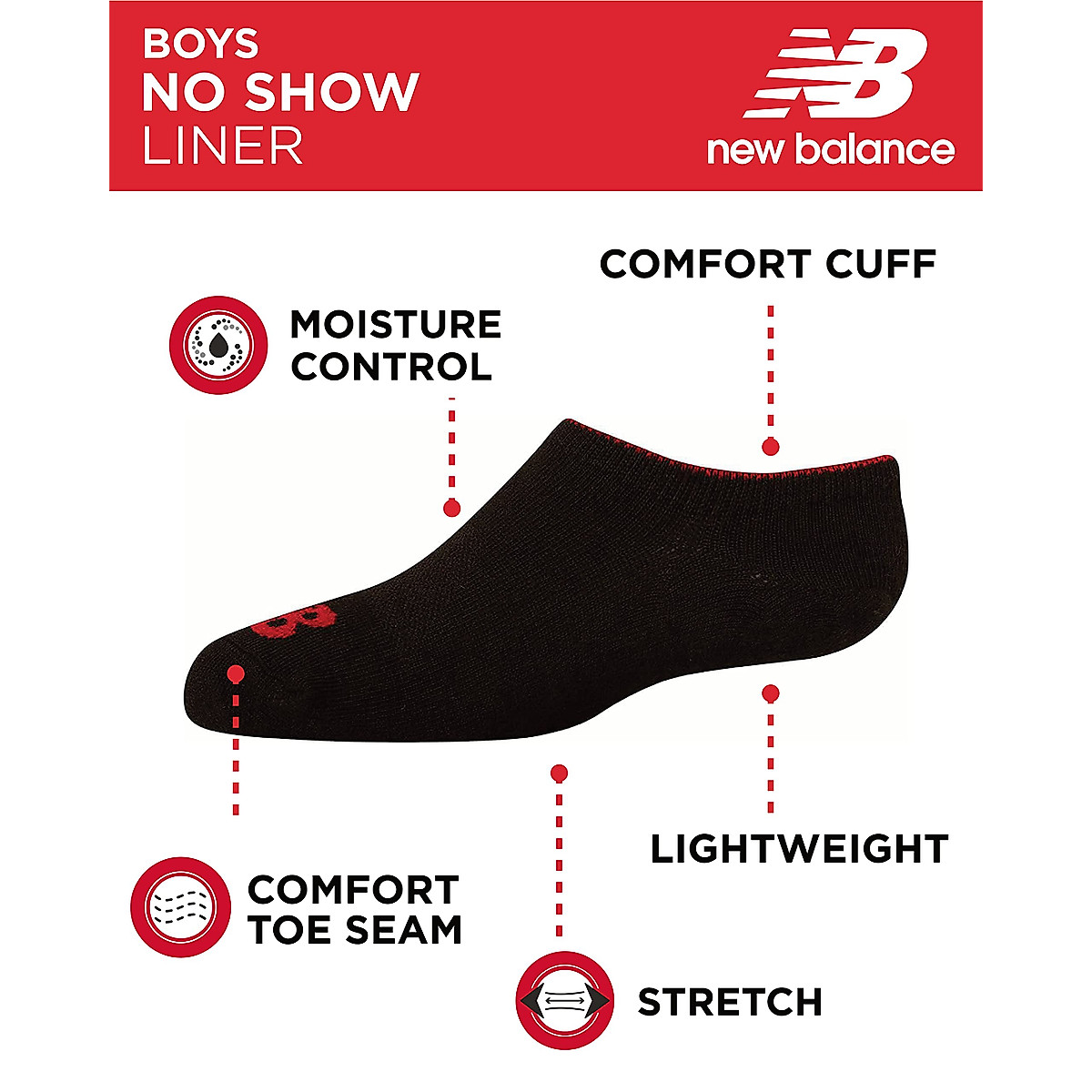 New Balance Boys' No Show Invisible Liner Socks (8 Pack), Size Medium, Black