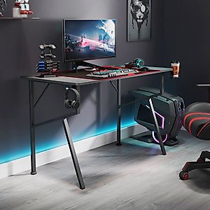 DESIGNA Gaming Desk 47'', K-Shaped Computer Desk, Office Desk Gamer Style with Mouse Pad, Cup Holder, Headphone Hook, Controller Stand, Easy to Assemble, Carbon Fiber Desktop, Black