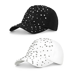 Loopeer 2 Pcs Adjustable Breathable Rhinestone Baseball Cap for Women Men Sequins Casual Sports Cap Rhinestone Hat(Black, White)