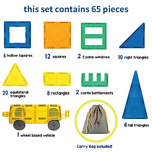 vanstarry 65 Piece Magnetic Tiles Building Blocks Set for Boys Girls Preschool Educational Construction Kit Magnet Stacking Toys for Kids Toddlers Children 3 4 5 6 7 8 Year Old