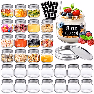 Aliggbent Mason Jars 8 oz, 30pcs Reusable Mason Jars with Regular Airtight Lids and Bands, Clear Small Mason Jars, 1/2 Pint Glass Canning Jars for Jelly, Overnight Oats, Jam, Fruit, Yogurt, Crafts