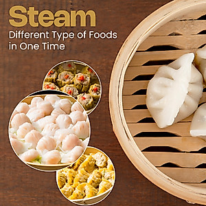 KITCHEN & CO 10-inch Dumpling Bamboo Steamer- Complete Set of 2 Tier Bamboo Steamer Basket 2 Chopsticks, 1 Rolling Pin, Ceramic Dish & More-Bringing Tradition to Your Table, One Steamed Dish at a Time