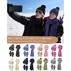 Womens Winter Warm Beanie Hat Touchscreen Gloves Long Scarf Set Ribbed Cable Knit with Fleece Lined Skull Pom Caps