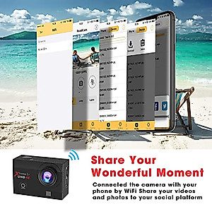 Action Camera 4K,20MP 40M Underwater Waterproof Camera,2.0'' LCD Screen WiFi 170° Wide Angle EIS Sports Cam with External Microphone Remote Control 2x1050mAh Batteries and Helmet Accessories Kit