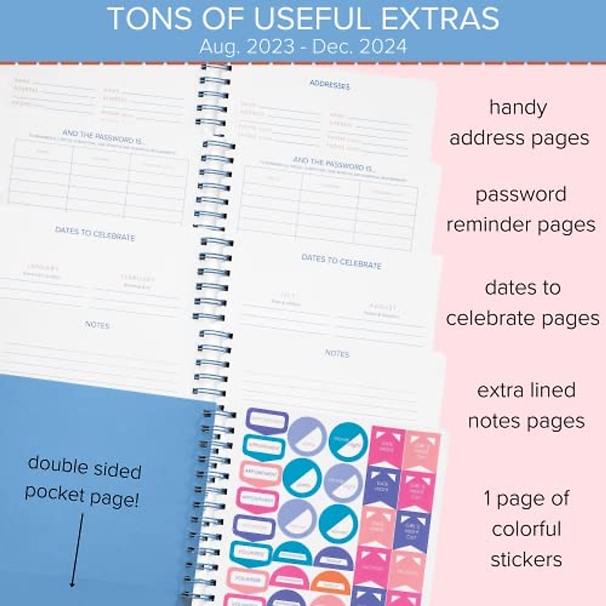 Vera Bradley Hardcover Daily Planner 2023-2024, Spiral Planner Dated August 2023 - December 2024, Jumbo Size Cute Planner, Weekly Planner with Monthly Calendar, Stickers, & Pockets, Sea Air Floral