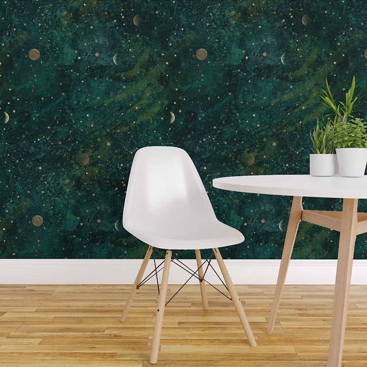 Removable Wallpaper 9ft x 2ft - Dark Green Moon Stars Bohemian Star Night Celestial Custom Pre-Pasted Wallpaper by Spoonflower