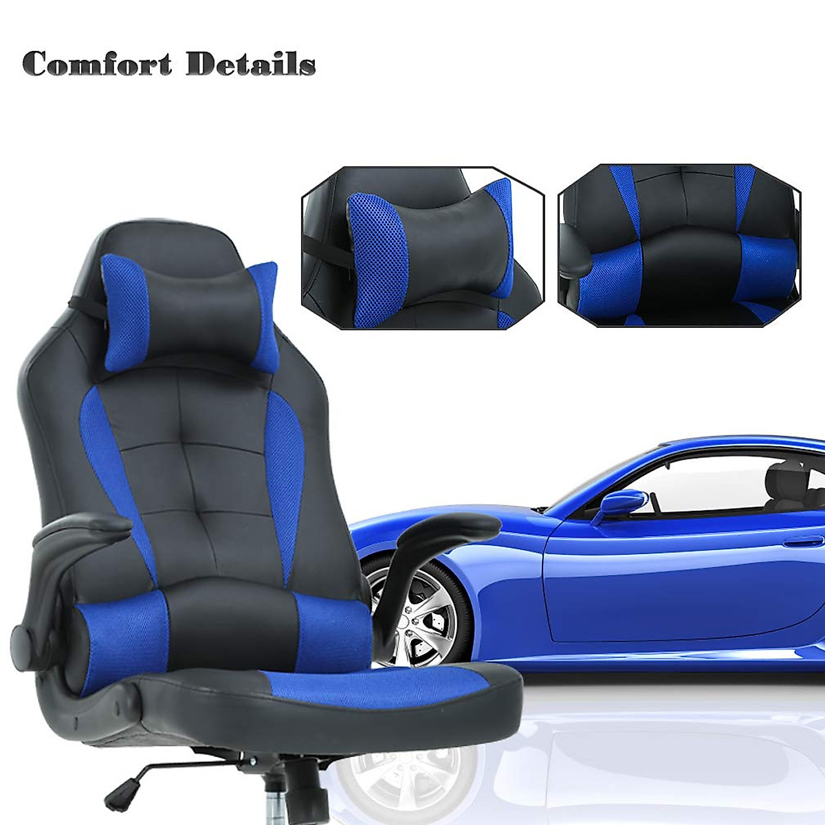 Gaming Chair Office Chair Desk Chair with Lumbar Support Flip Up Arms Headrest PU Leather Swivel Rolling Adjustable High Back Racing Computer Chair for Women Men Adults,Blue