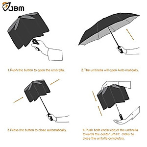 JBM Collapsible Umbrella Large Portable Auto Open Umbrella Compact Travel Umbrella Folding Sun & Rain Protection Windproof Double Reinforced Fiberglass Frame Umbrella for Adults