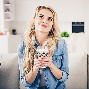 Whaline Dog Paw Ice Coffee Cup 16oz Black White Pet Paw Bone Glasses Cup with Bamboo Lids Glass Straw Cleaning Brushes Cute Drinking Glasses for Cocktails Whiskey Beer Soda Gifts, 2Pcs