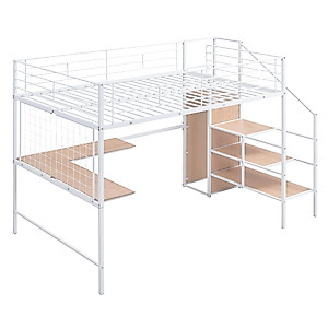 DNYN Stairway Full Size Loft Bed with Desk(L Shaped) & Storage Shelves & Wardrobe Design for Kids/Teen/Adults,Sturdy Metal Bedframe w/Safety Guardrails,Super Save Space & No Box Spring Needed, White