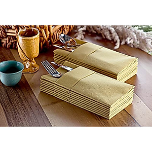 Gold Dinner Napkins Cloth Like with Built-in Flatware Pocket, Linen-Feel Absorbent Disposable Paper Hand Napkins for Kitchen, Bathroom, Parties, Weddings, Dinners or Events, Pack of 50