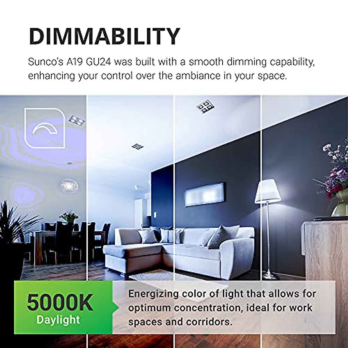 Sunco 6 Pack GU24 LED Light Bulbs 2 Prong A19, CRI91 5000K Daylight, 9W Equivalent 60W, CFL Replacement 800 Lumen, Super Bright Dimmable Twist & Lock GU24 Pin Base with 2 Prongs Instant On UL