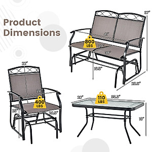 Tangkula 4 Pcs Patio Glider Set, Outdoor Gliding Loveseat w/Tempered Glass Coffee Table, Heavy-Duty Patio Furniture Set for Backyard, Porch, Poolside (4 PCS Patio Glider Set)