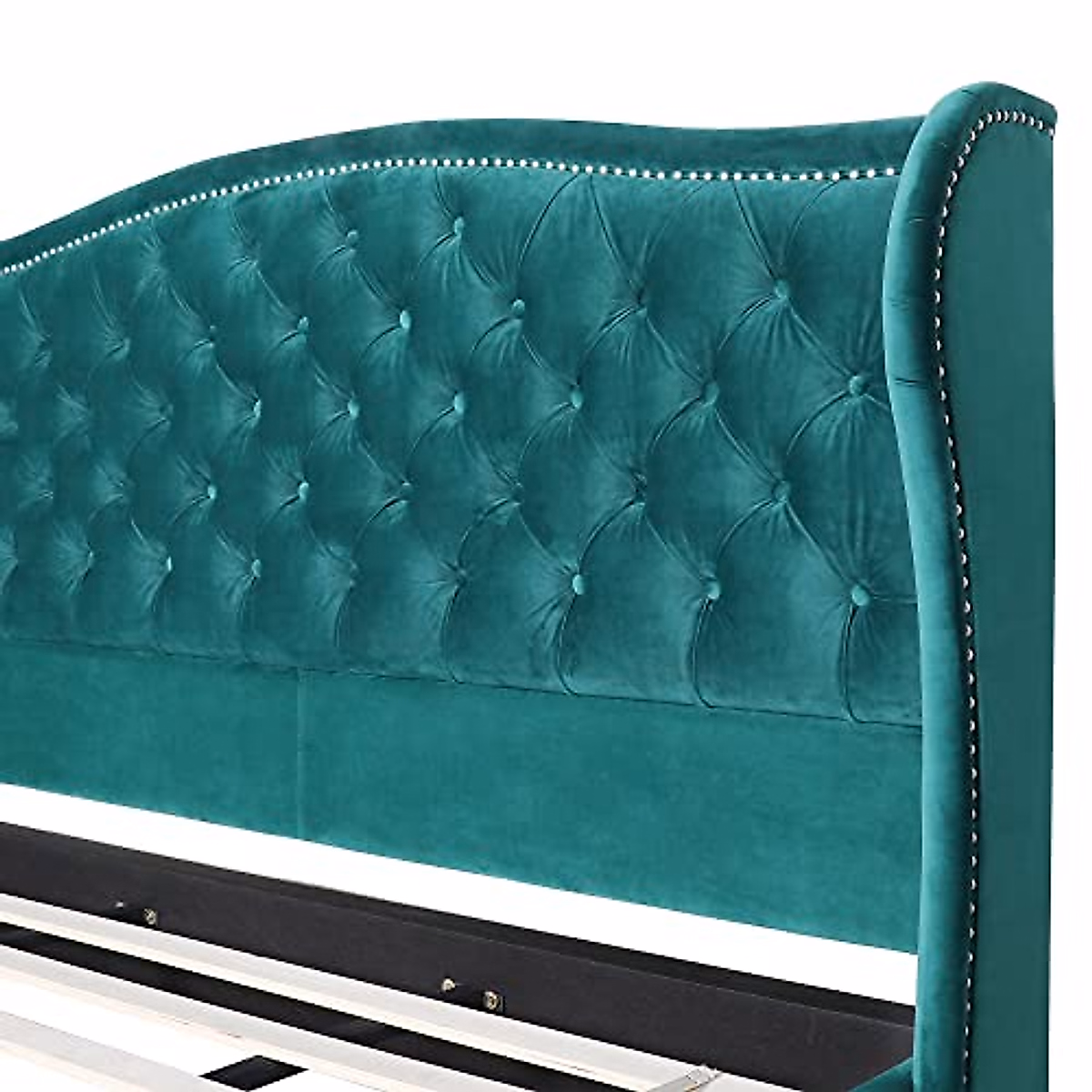 QHITTY Queen Size Bed Frame, Modern Velvet Button Tufted Upholstered Platform Bed with Nailhead Trim Headboard, Wood Slat Support, Easy Assembly, No Box Spring Needed
