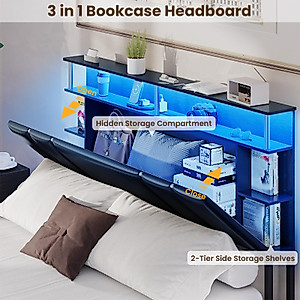 VIAGDO Bed Frame Queen Size with Bookcase Headboard and 4 Storage Drawers, Leather Upholstered Queen Bed Frame with Charging Station and LED Lights, Silver Iron Decor, No Box Spring Needed, Black