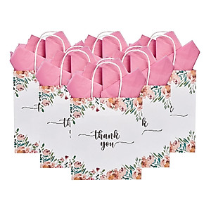 50 Pack Medium White & Spring Floral Thank You Paper Gift Bags with Handles 10 x8 x4 Inches and Pink Tissue Paper for Small Business Wedding Baby Shower Birthday Party Favors Goodies