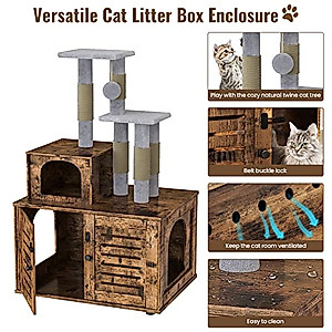 Recaceik Cat Litter Box Enclosure with Cat Tree, Hidden Cat Washroom Furniture with Divider, Wooden Cat House with Platform, Scratching Post and Soft Plush Perch, Indoor Pet Cabinet,Rustic Brown